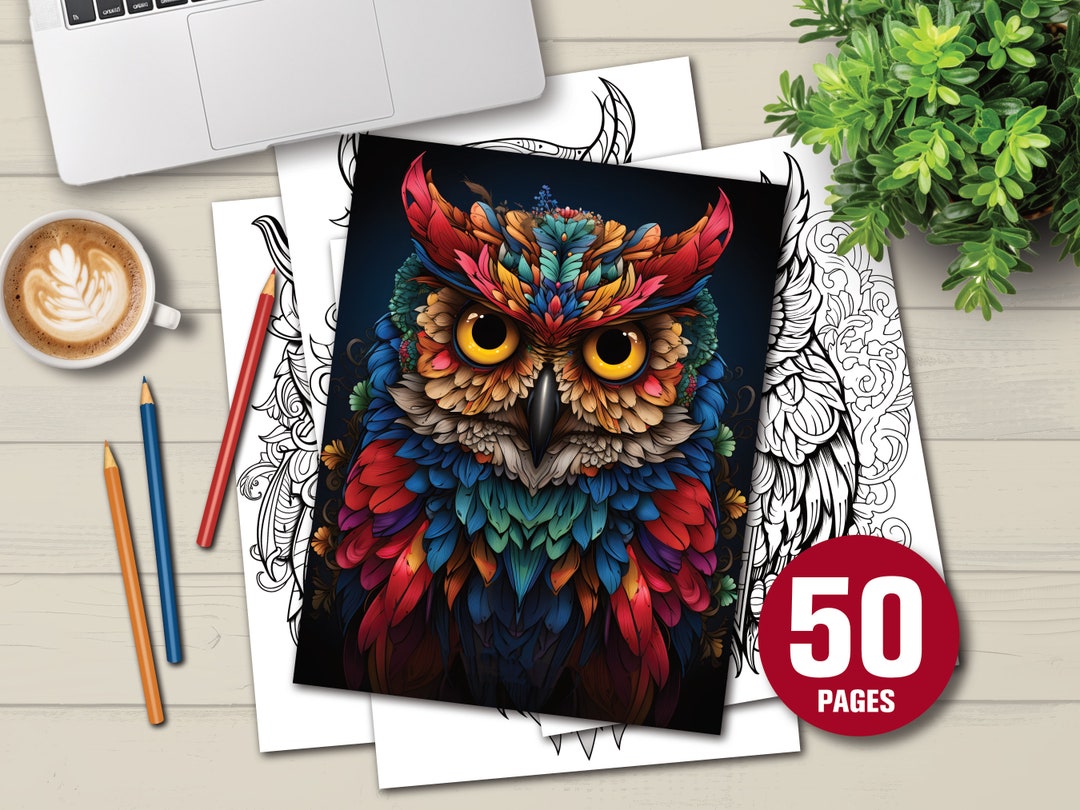 50 Mandala Owls Coloring Book - Adults Kids Coloring Pages, Instant ...