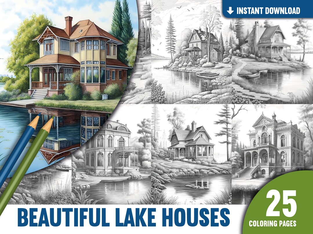 Coloring Book Beautiful Lake Houses Adults Coloring Pages - Etsy