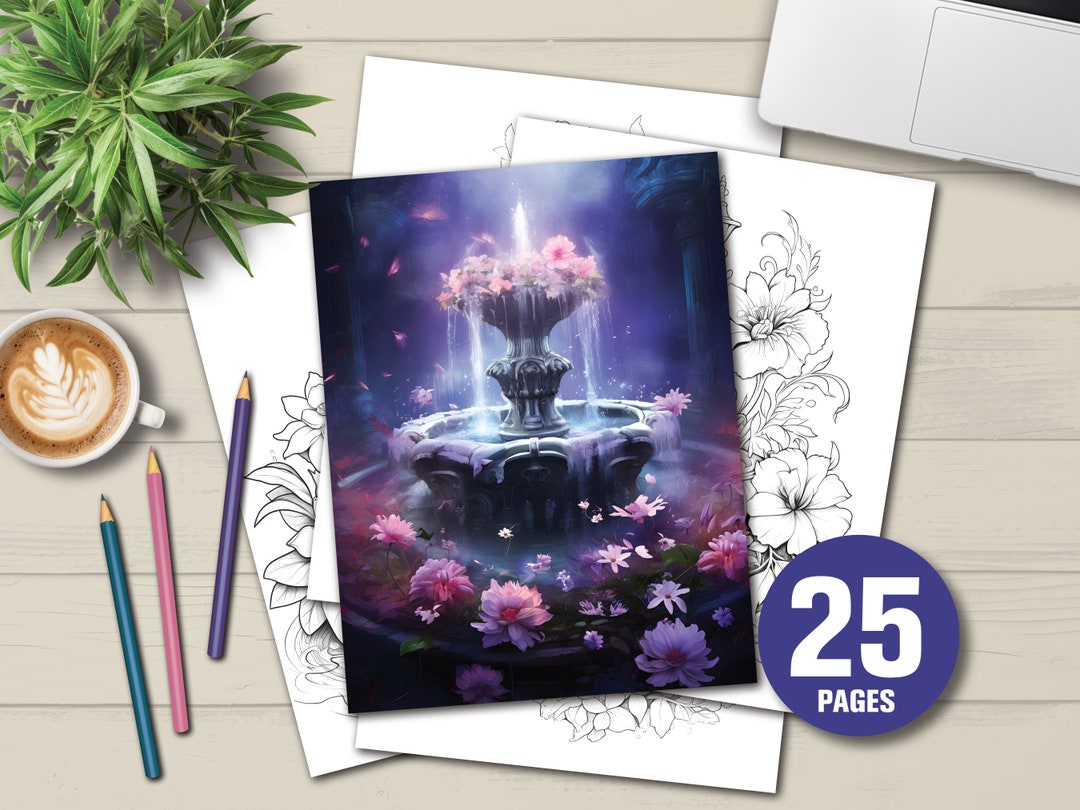 25 Blooming Fountains Coloring Book - Adults Kids Coloring Pages ...