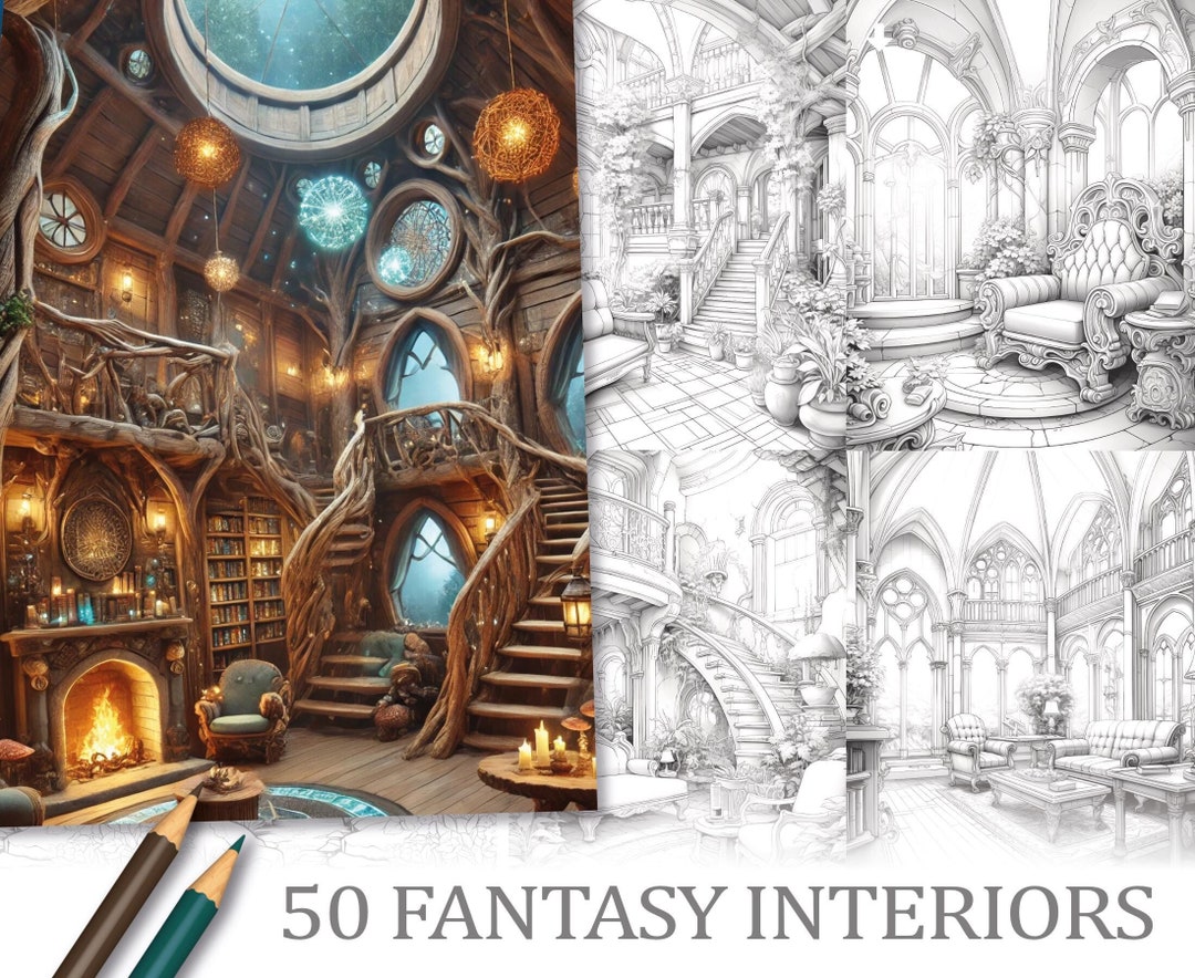 50 Fantasy Interior Designs Coloring Book - Adults Coloring Pages ...