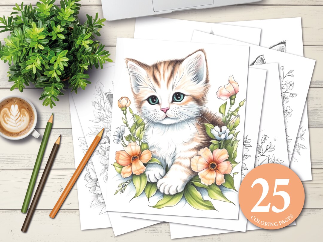 25 Cute Flower Cat Coloring Book Adults Kids Coloring Pages - Etsy