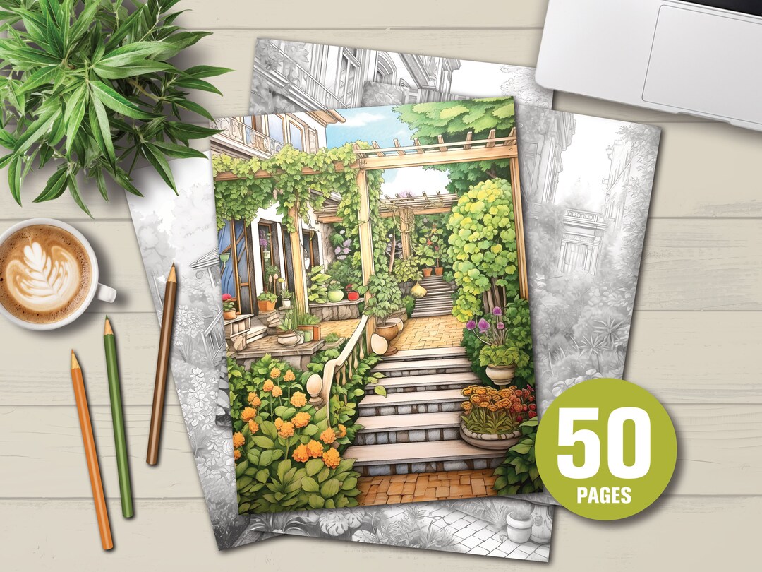 50 Garden Terraces Coloring Book - Adults Kids Coloring Pages, Instant ...