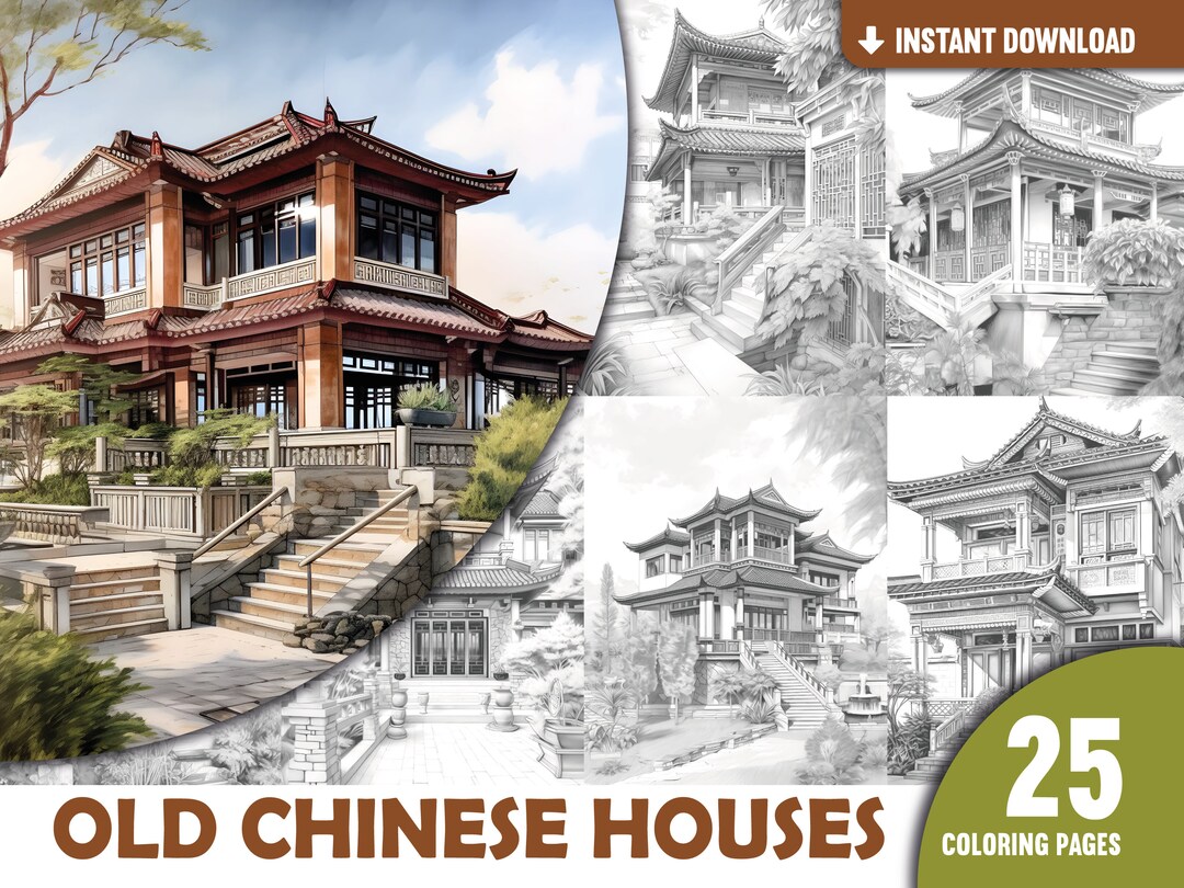 25 Old Chinese Houses Coloring Book Adults Kids Coloring - Etsy