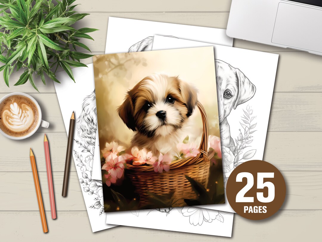 25 Cute Flower Dogs Coloring Book - Adults Kids Coloring Pages, Instant ...
