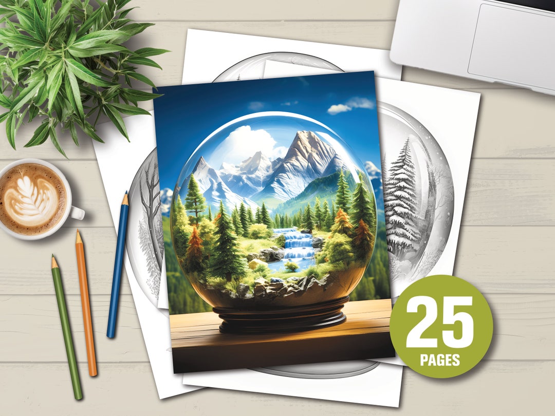 25 Nature Scenes in Snow Globes Coloring Book - Adults Kids Coloring ...