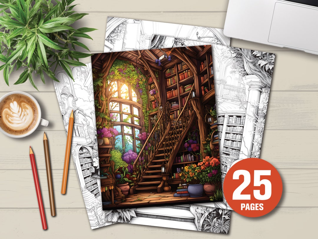 25 Enchanted Libraries Coloring Book - Adults Kids Coloring Pages ...