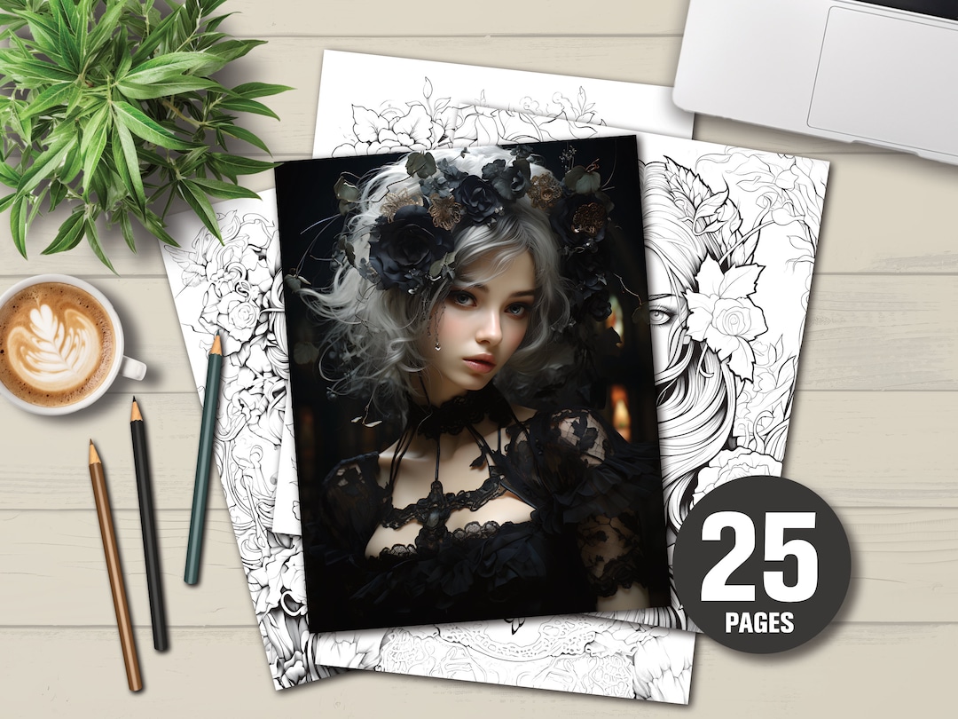 Coloring Book Gothic Girls Adults Coloring Pages Grayscale Coloring ...