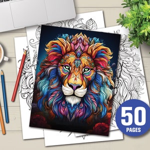 50 Mandala Lions Coloring Book - Adults Kids Coloring Pages, Instant ...