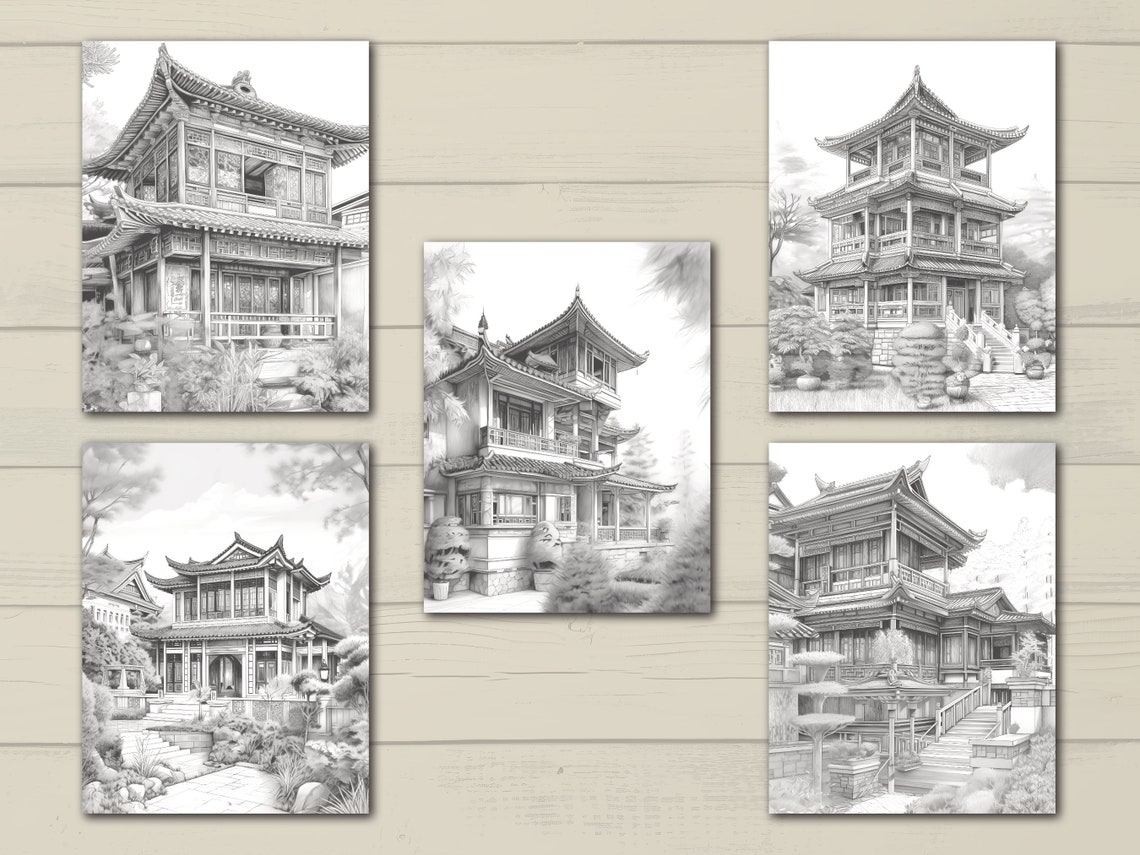 25 Old Chinese Houses Coloring Book - Adults Kids Coloring Pages ...