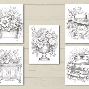 25 Vintage Flower Objects Coloring Book - Adults Kids Coloring Pages ...