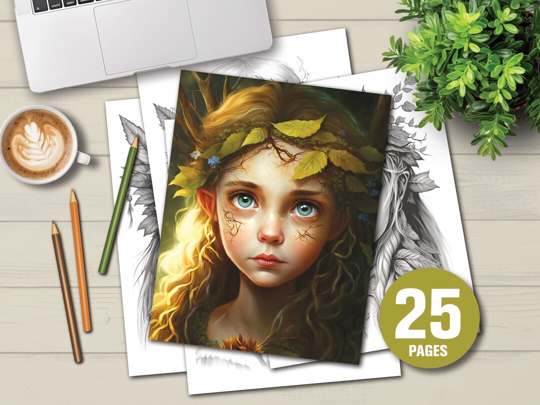 25 Cute Druid Girls Coloring Book - Adults Kids Coloring Pages, Instant ...