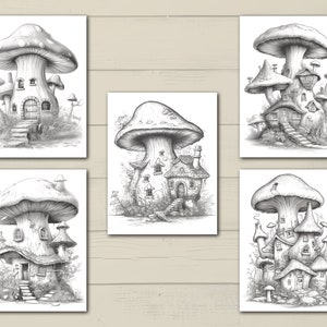 25 Enchanted Mushroom Houses Coloring Book - Adults Kids Coloring Pages ...