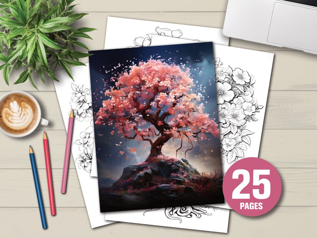 25 Blooming Trees Coloring Book Adults Kids Coloring Pages, Instant ...