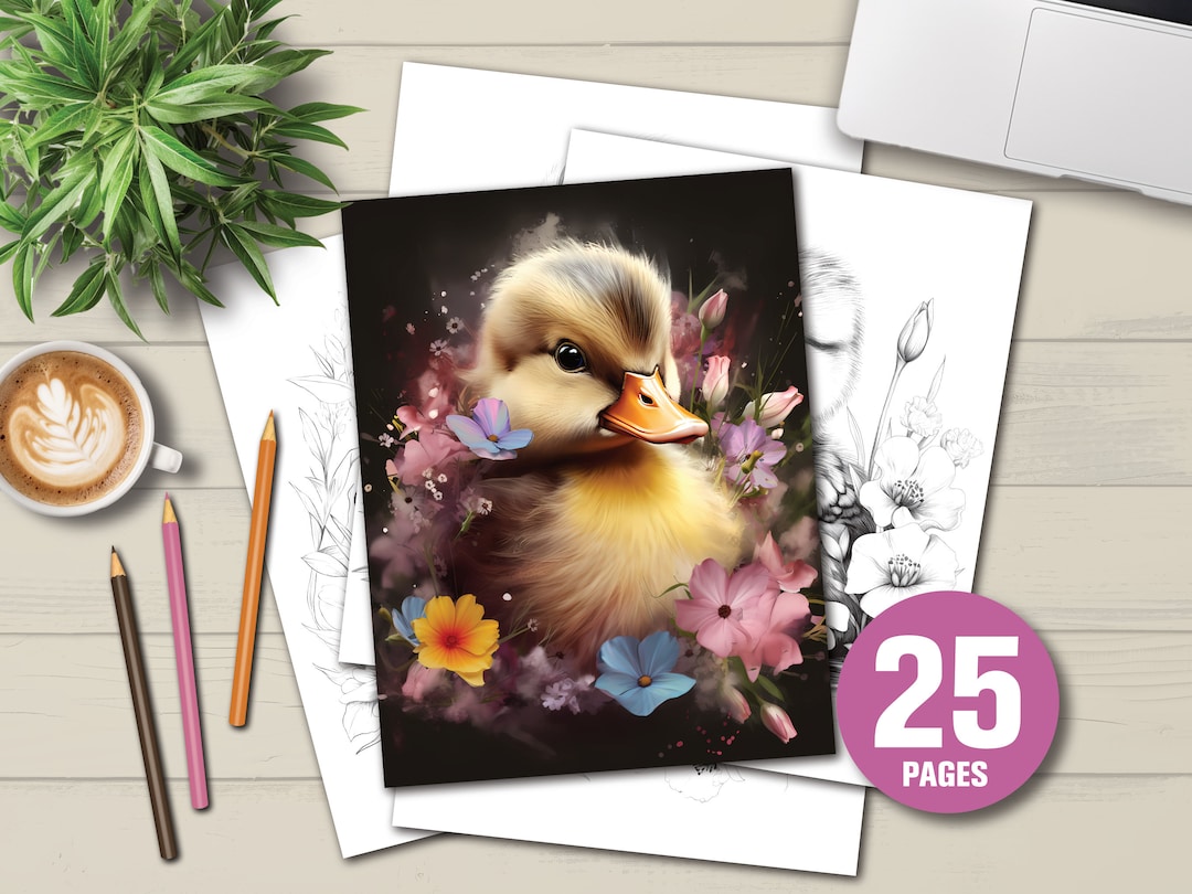 25 Cute Flower Duck Coloring Book - Adults Kids Coloring Pages, Instant ...