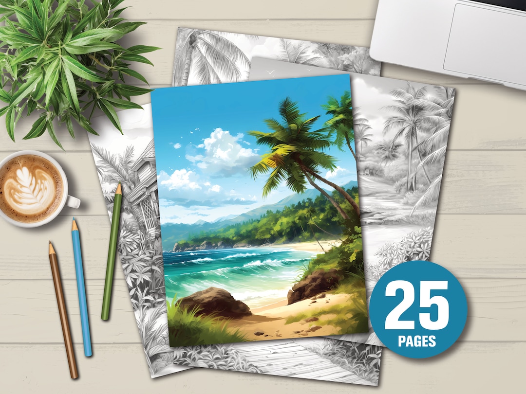 Beautiful Tropical Beaches Coloring Book - Adults Kids Coloring Pages ...