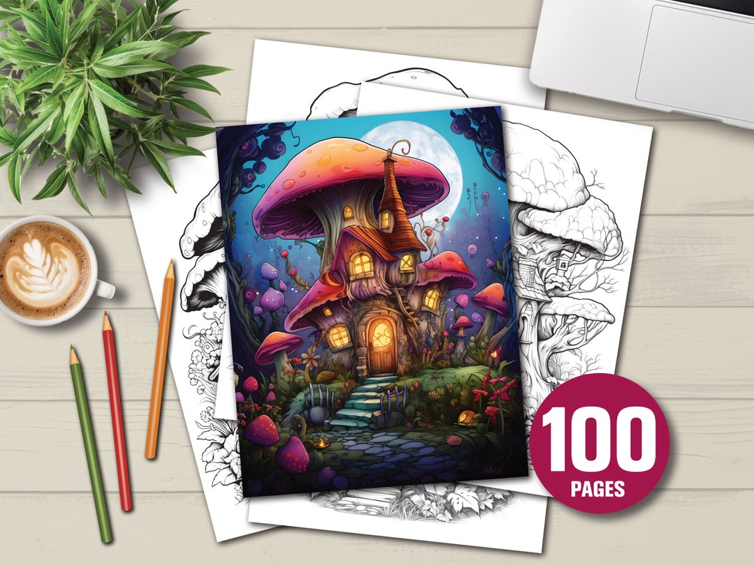 100 Enchanted Fairy Houses Coloring Book - Adults Kids Coloring Pages ...