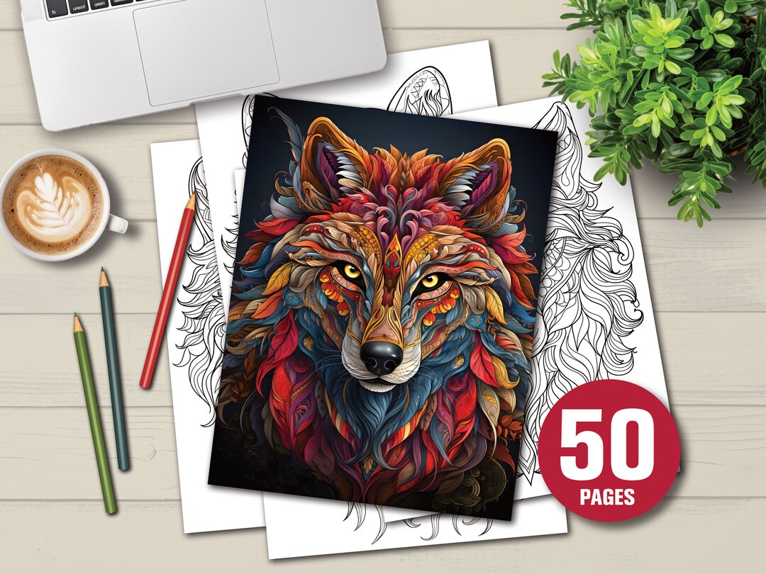 50 Mandala Wolfs Coloring Book - Adults Kids Coloring Pages, Instant ...