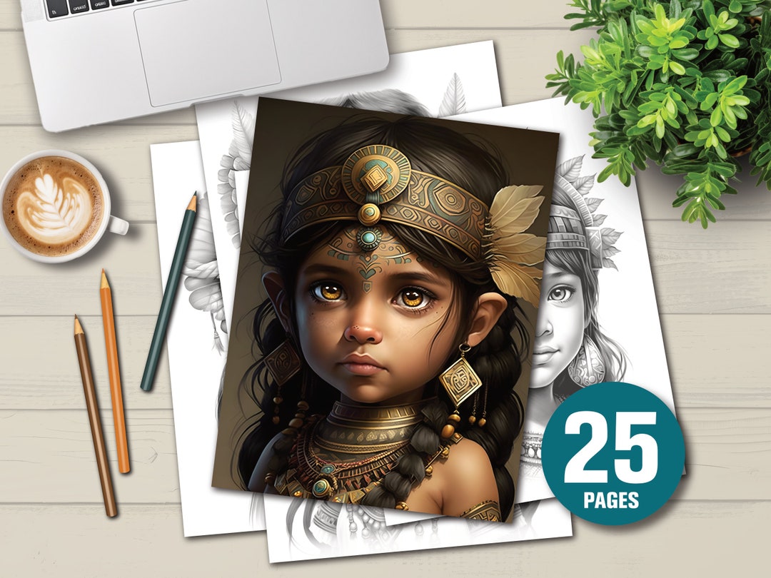 25 Cute Aztec Girls Coloring Book - Adults Kids Coloring Pages, Instant ...
