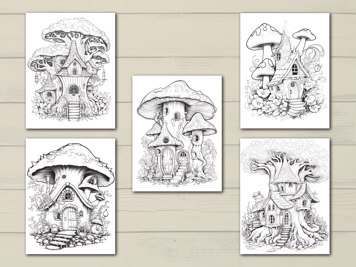 100 Enchanted Fairy Houses Coloring Book - Adults Kids Coloring Pages ...