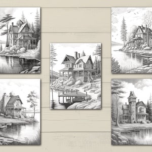 Coloring Book Beautiful Lake Houses Adults Coloring Pages Instant ...