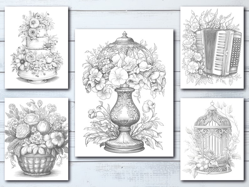 25 Vintage Flower Objects Coloring Book Adults Kids Coloring - Etsy