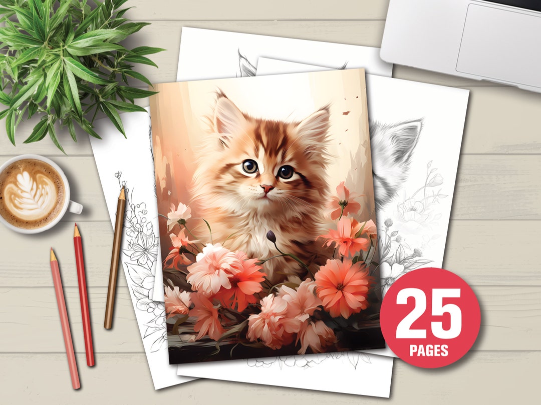 25 Cute Flower Cat Coloring Book - Adults Kids Coloring Pages, Instant ...
