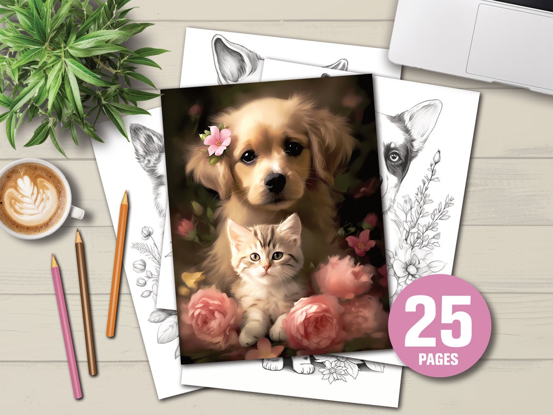 25 Cute Cats and Dogs Coloring Book - Adults Kids Coloring Pages ...