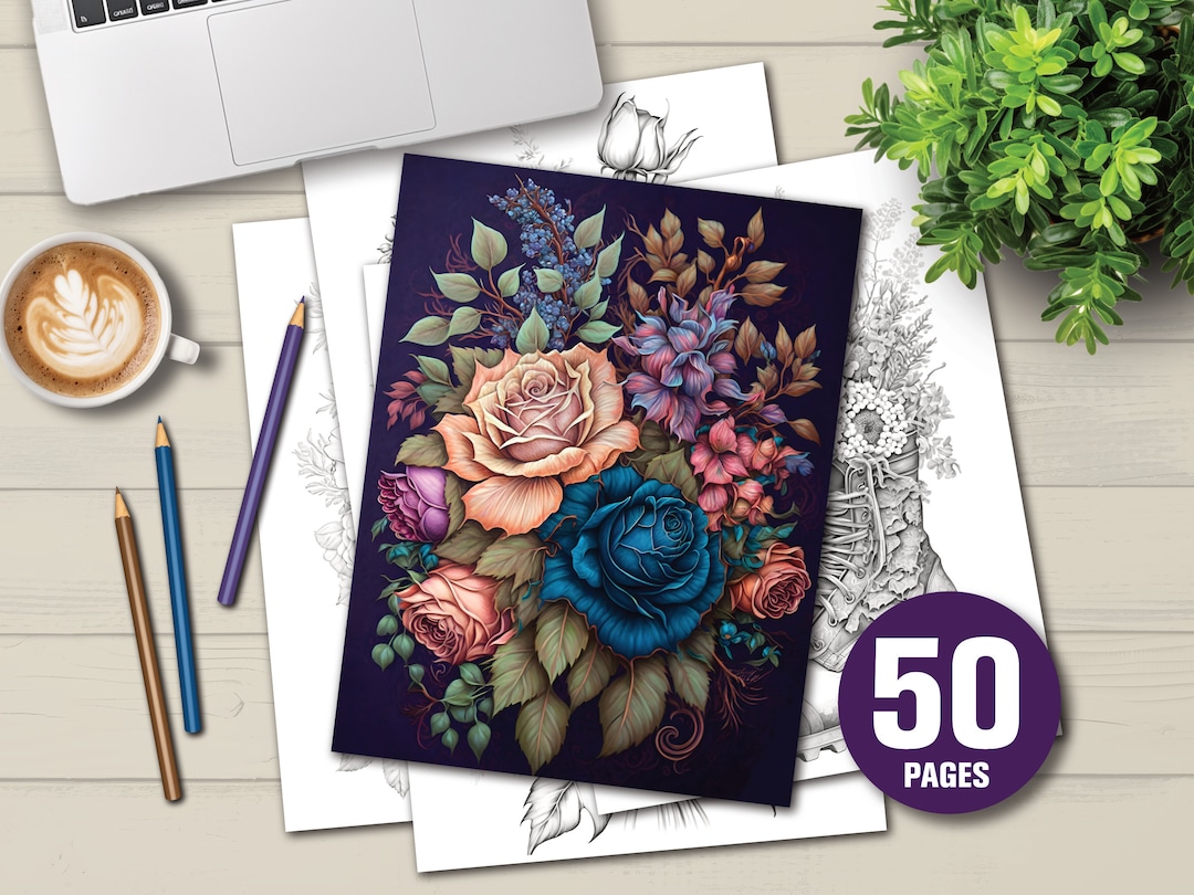 50 Beautiful Flowers Coloring Book - Adults Kids Coloring Pages ...