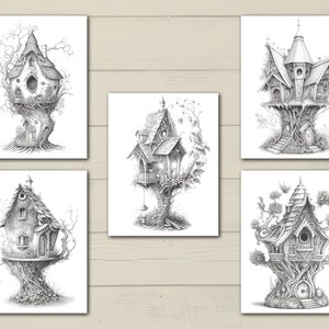 25 Bird-style Fairy Houses Coloring Book - Adults Kids Coloring Pages ...
