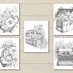 25 Vintage Flower Objects Coloring Book - Adults Kids Coloring Pages ...