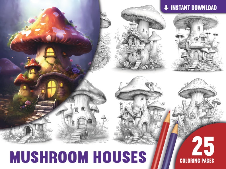 25 Enchanted Mushroom Houses Coloring Book Adults Kids - Etsy