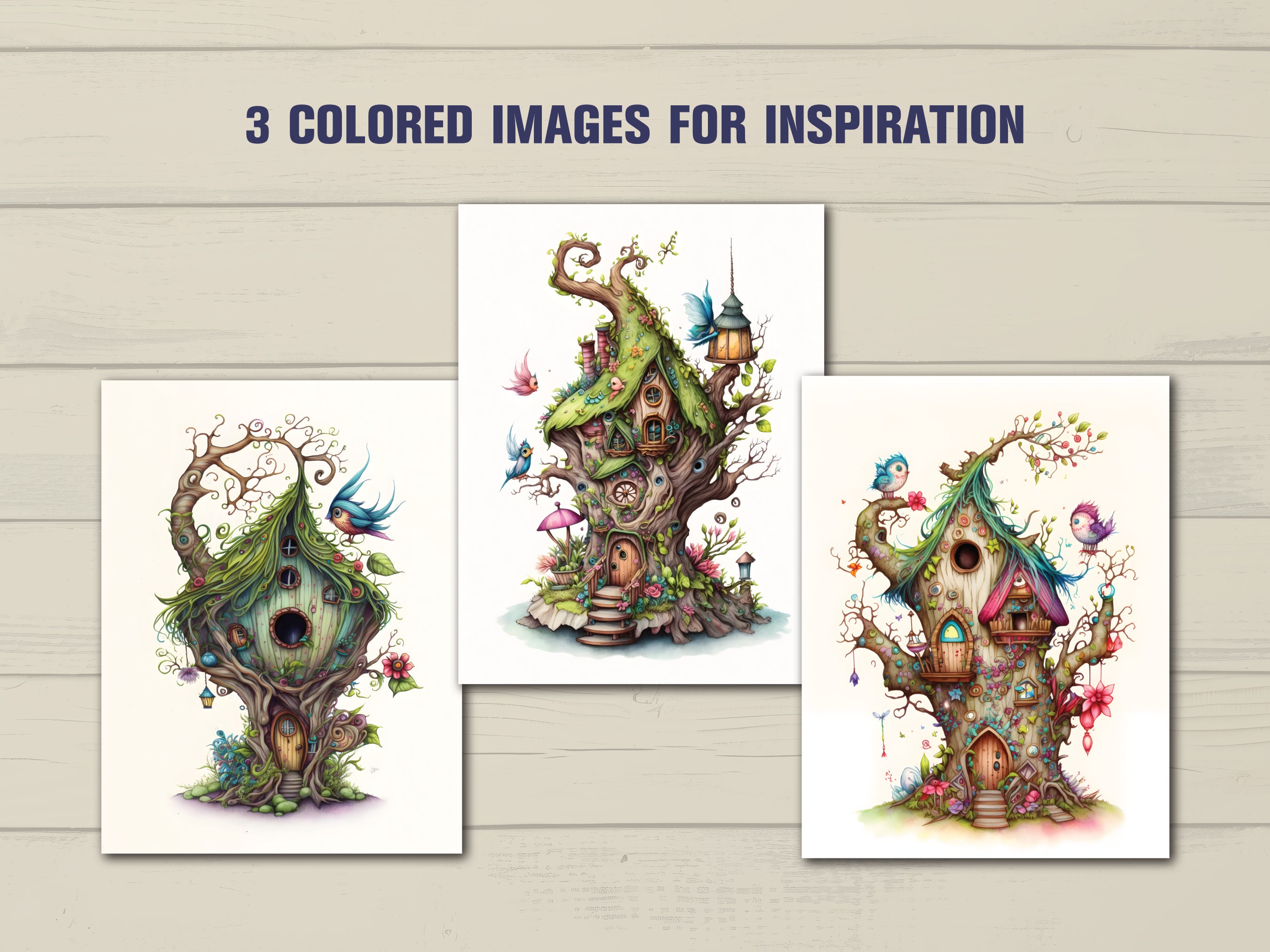 25 Bird-style Fairy Houses Coloring Book - Adults Kids Coloring Pages ...