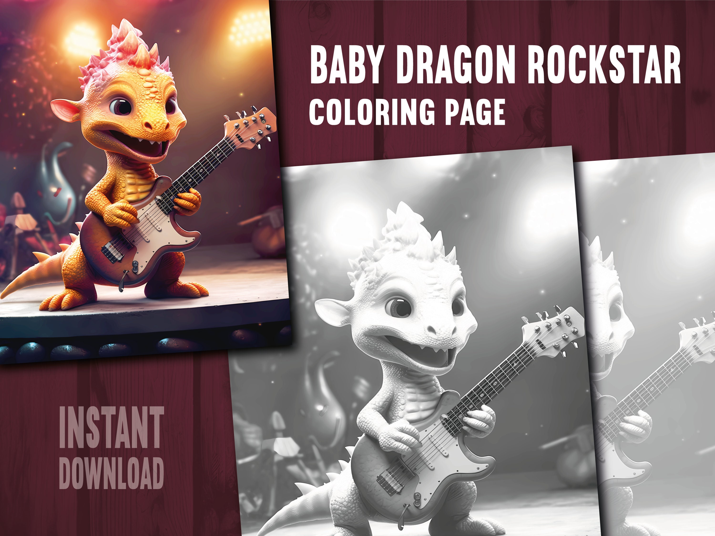 Funny Baby Dragon Rockstar Coloring Page - Adults Kids Coloring Page ...
