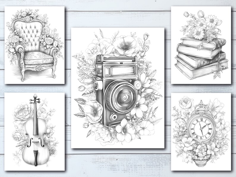 25 Vintage Flower Objects Coloring Book Adults Kids Coloring - Etsy