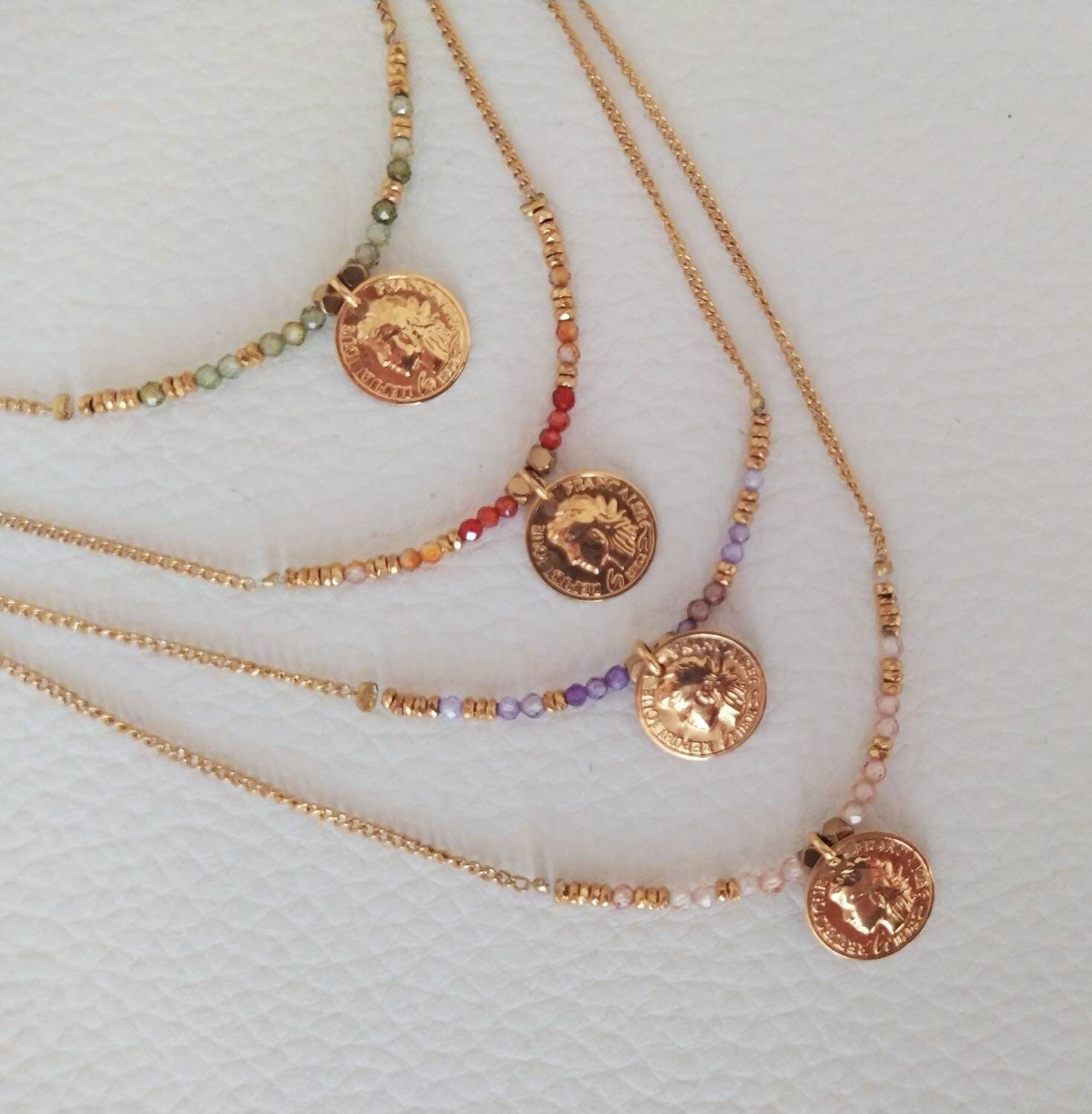 Collier ras du cou plaqué or médaille et perles zirconium | Etsy