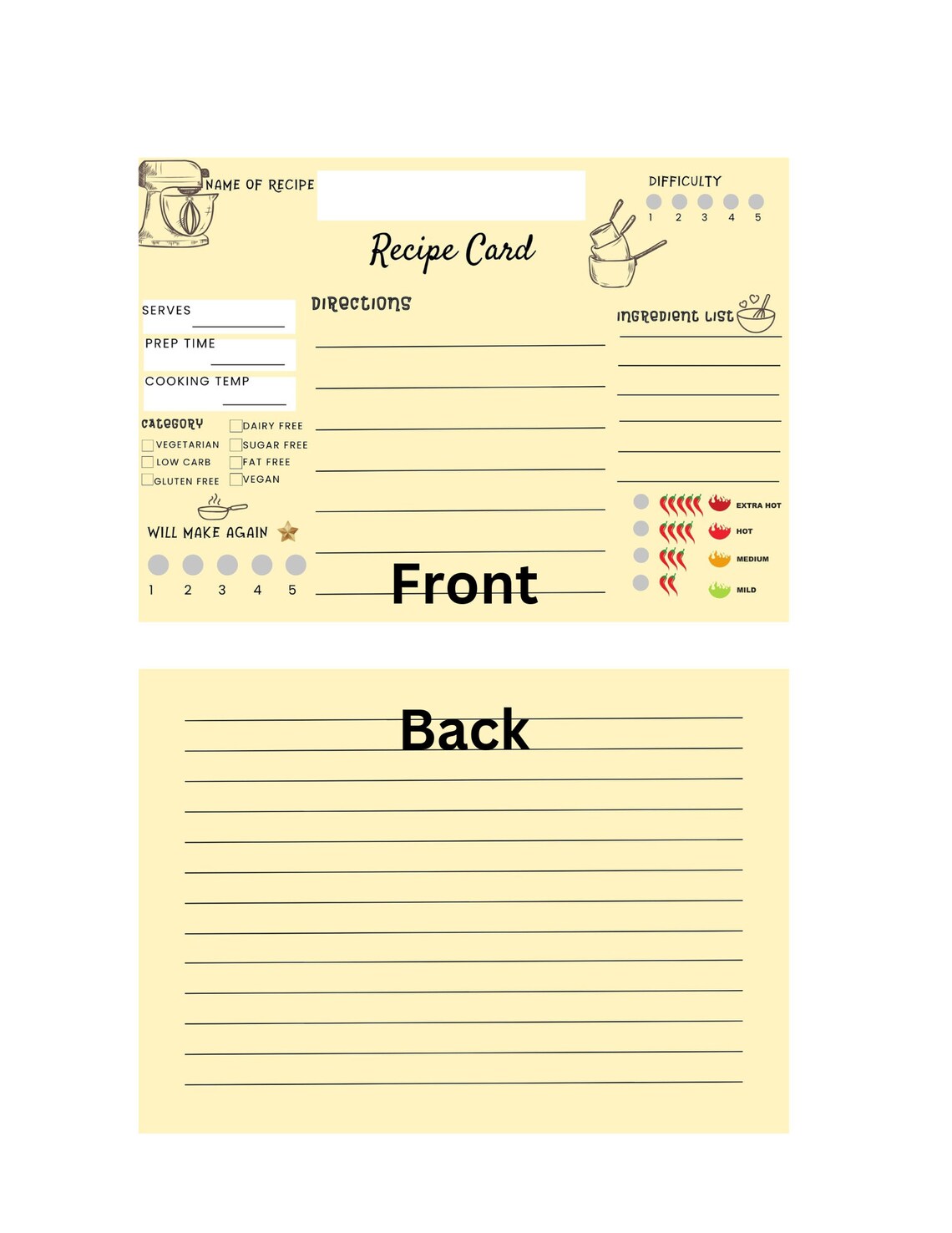 Printable Blank Recipe Cards Digital Downloadyellow Blue Tan Cream ...