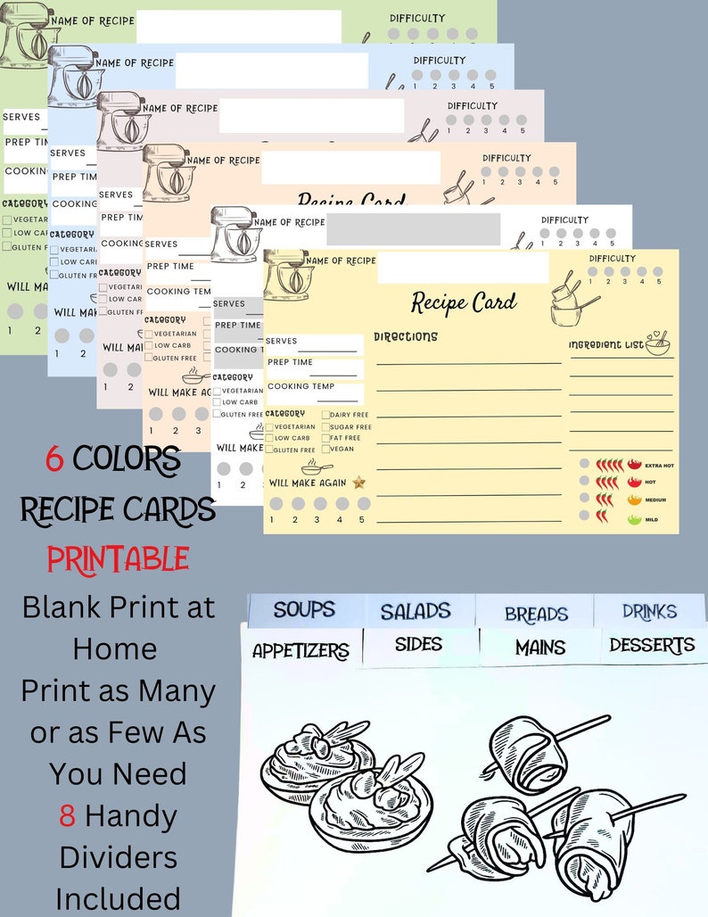 Printable Blank Recipe Cards Digital Downloadyellow Blue Tan Cream ...