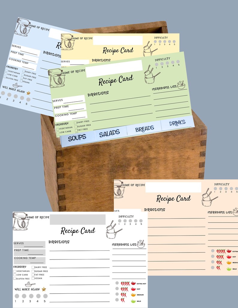 Printable Blank Recipe Cards Digital Downloadyellow Blue Tan Cream ...