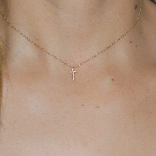 Cute Tiny Gold Cross Necklace 14K Small Cross Jewelry | Etsy