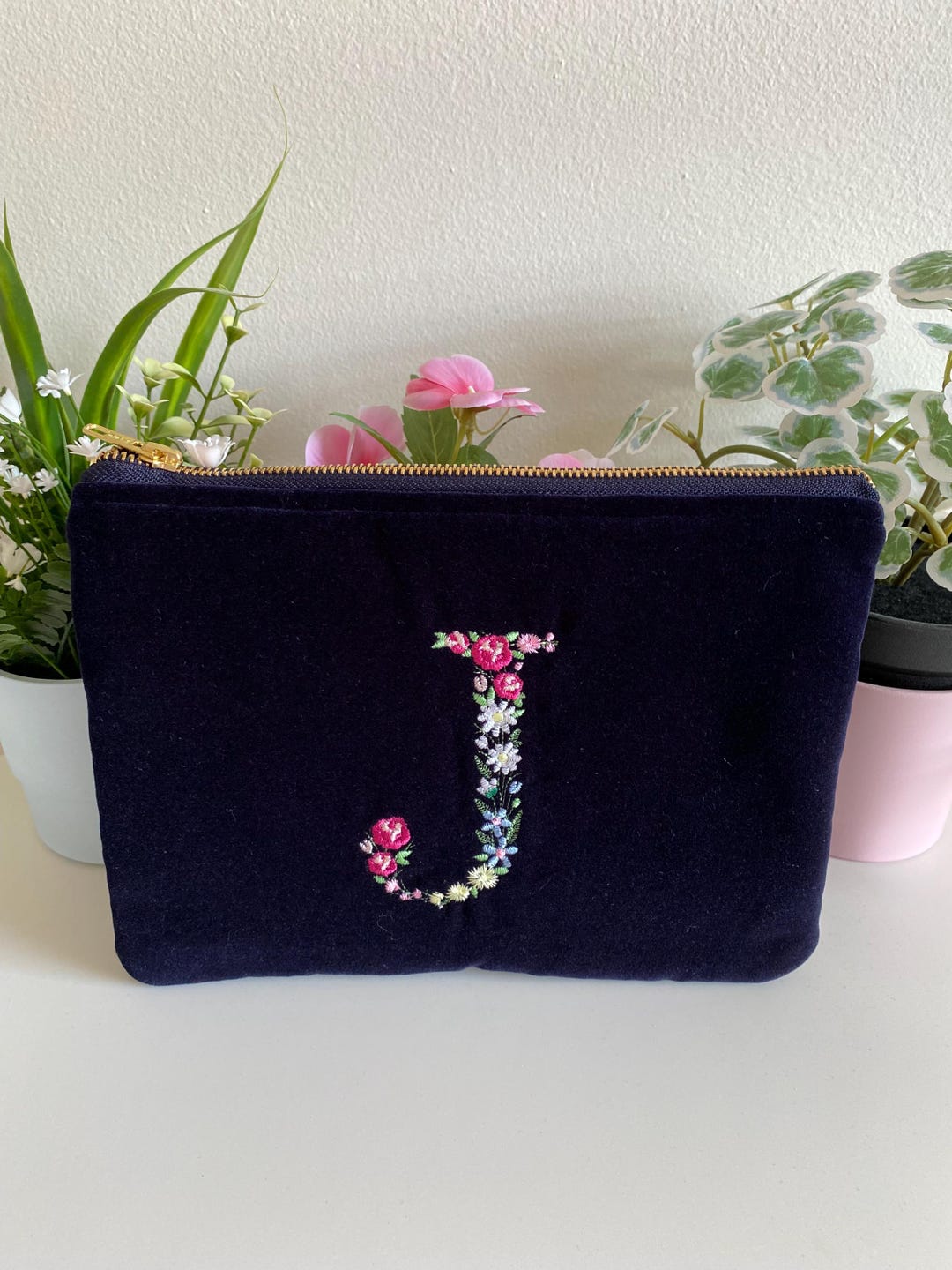 Letter J Velvet Embroidered Bag, Make up Bag, Travel Bag, Clutch ...