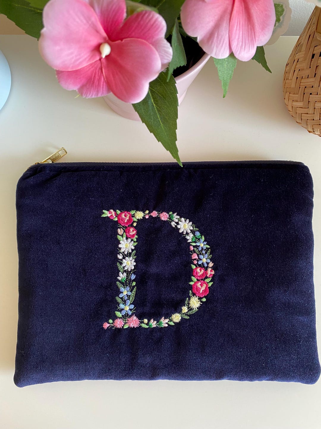 Floral Letter D Embroidered Velvet Pouch: Navy Makeup Bag, Cosmetic ...