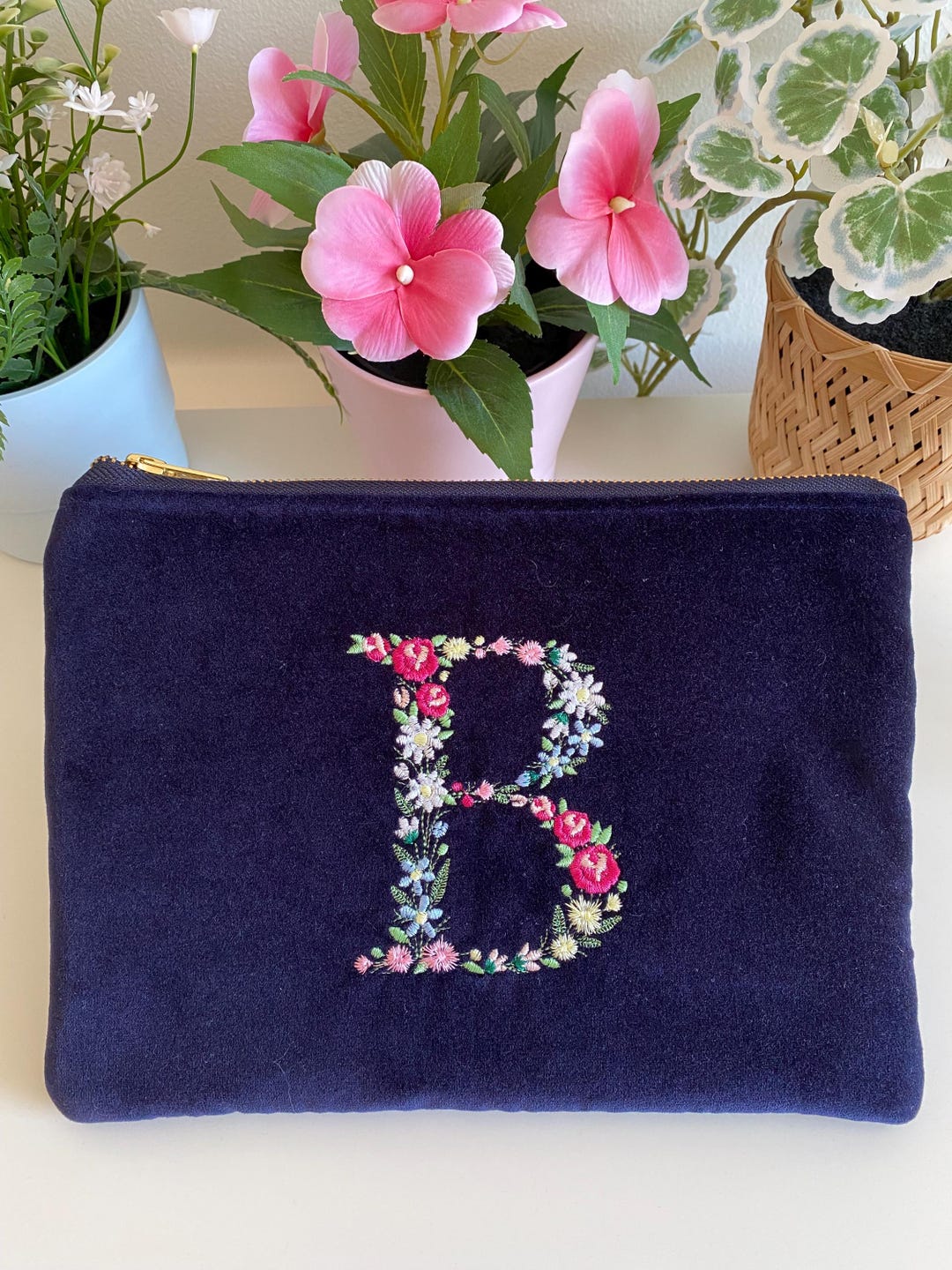 Letter B Embroidered Velvet Pouch: Navy Floral Clutch, Keepsake Gift - Etsy