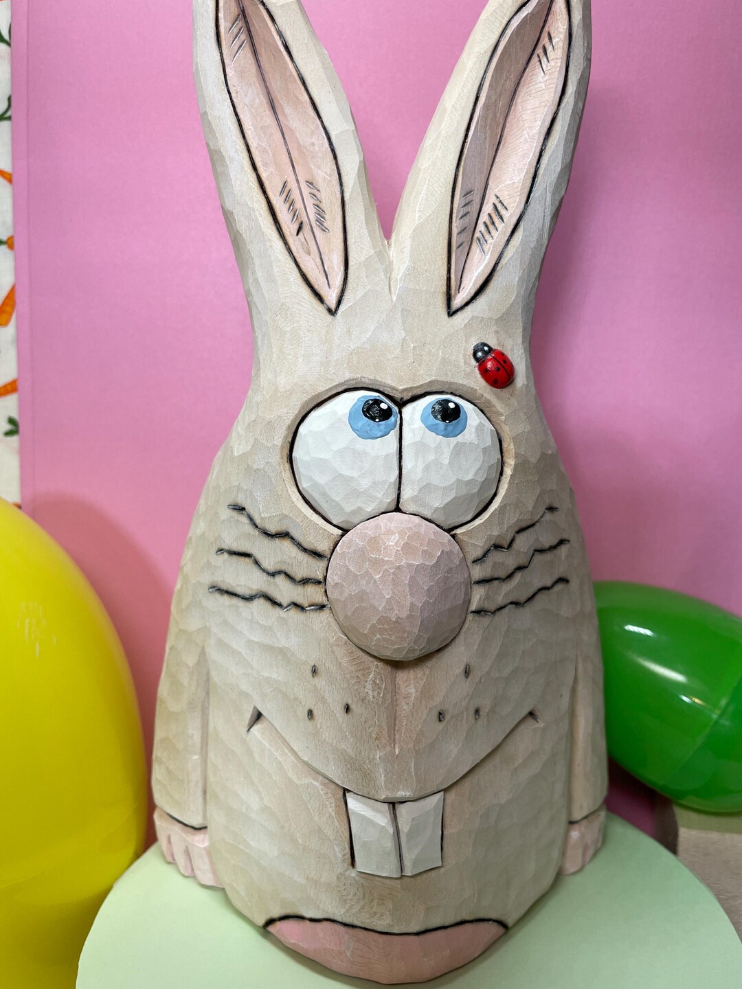 Large Whimsical and Wacky Easter Bunny Wood Carving-white/pink Rabbit W ...