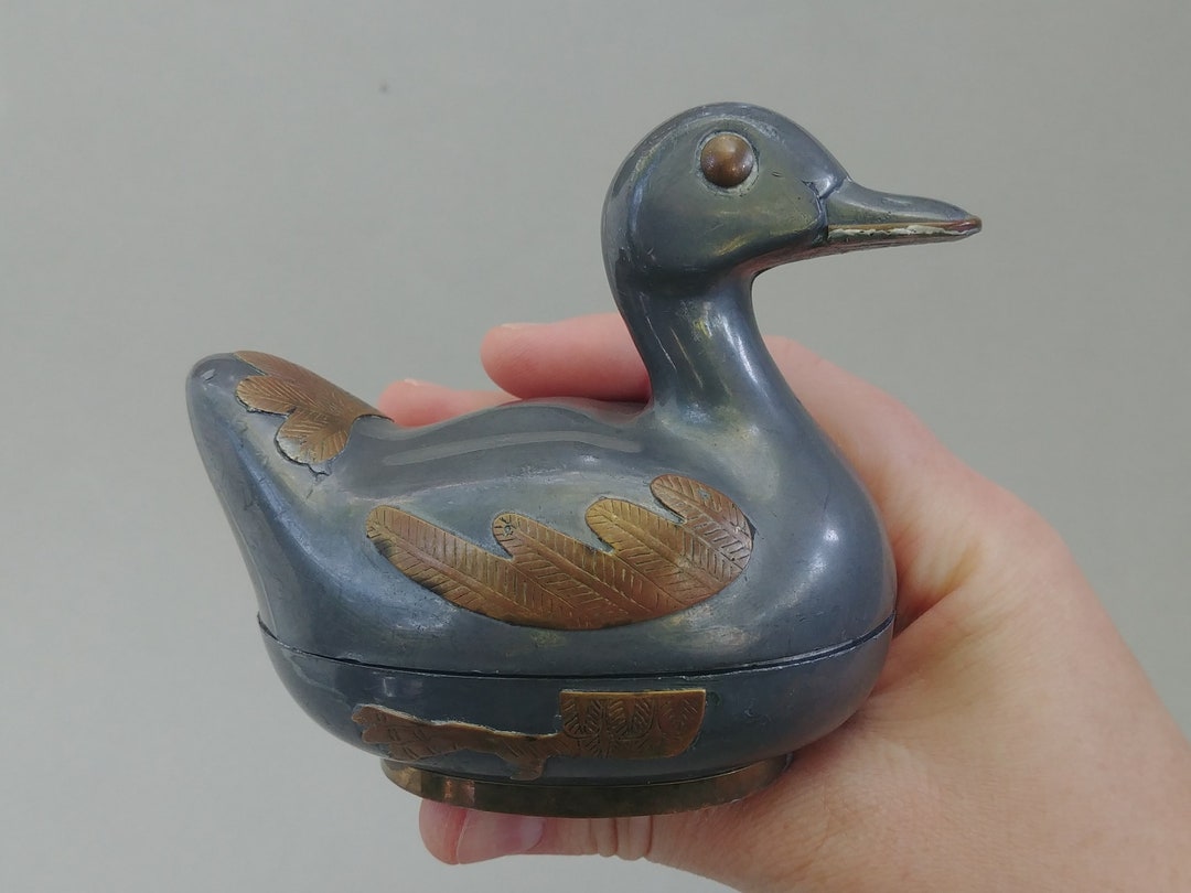 Vintage Small Asian Pewter and Brass Duck Box, Duck Trinket Box, Duck ...