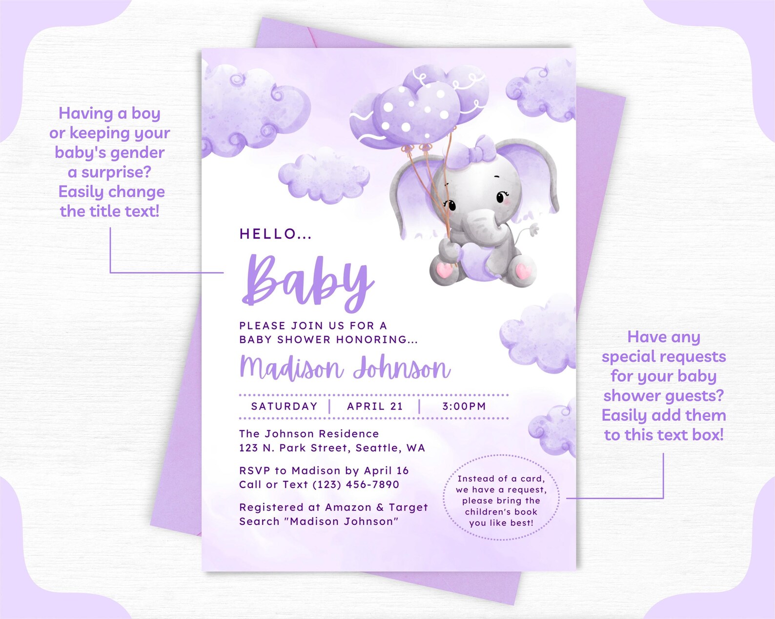 Purple Elephant Baby Shower Invitation, Girl Gender Neutral Clouds Baby ...
