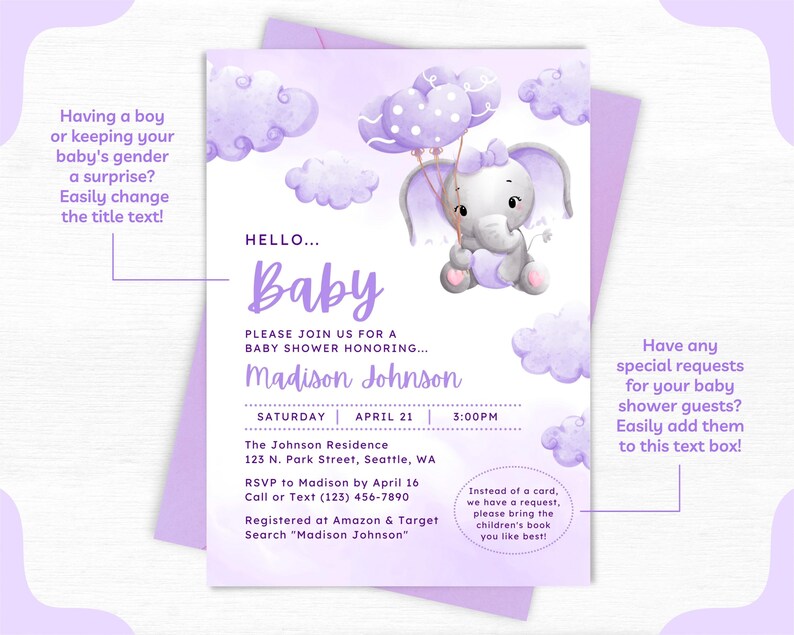 Purple Elephant Baby Shower Invitation, Girl Gender Neutral Clouds Baby ...