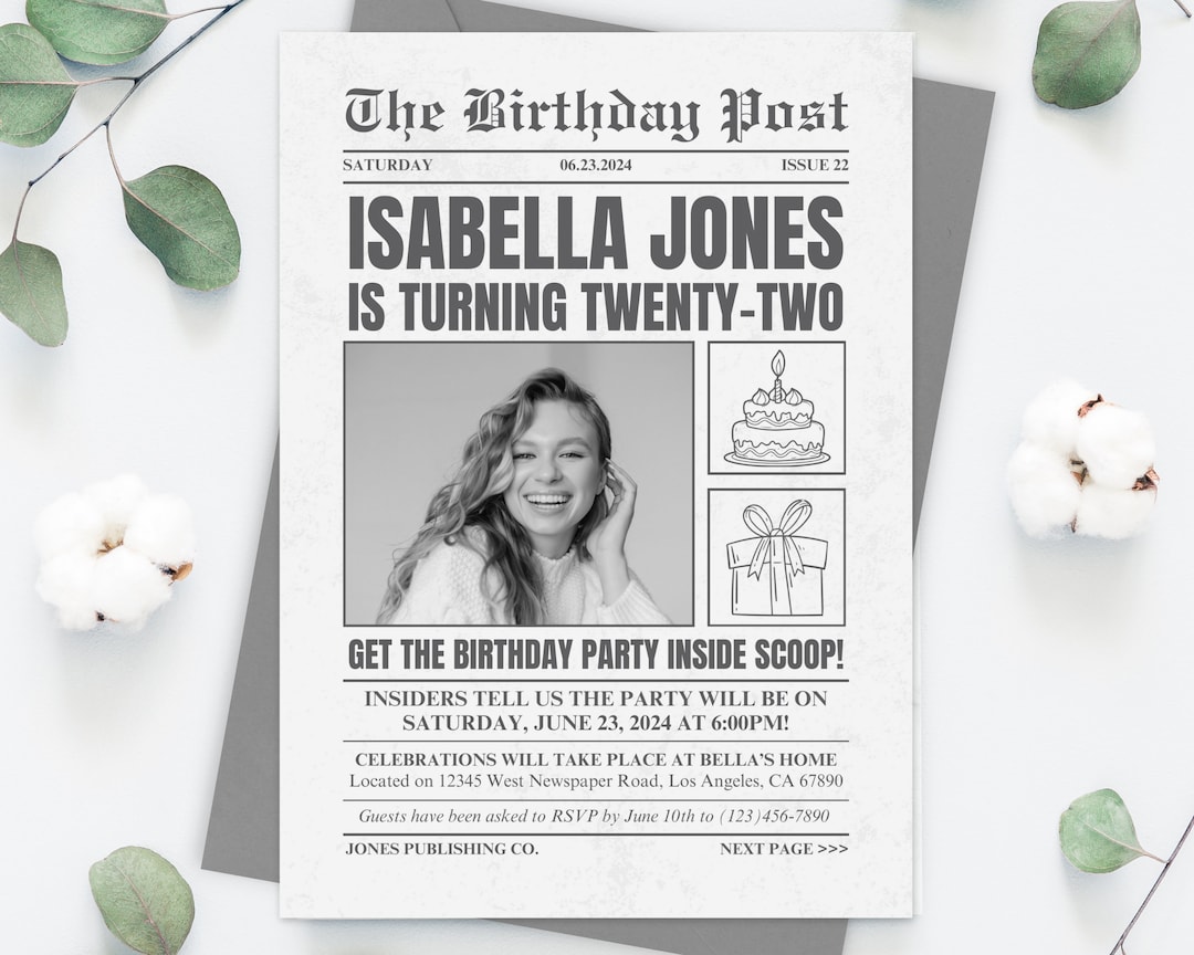 Newspaper Birthday Invitation, Editable Template, Girl Boy Adult Teen ...