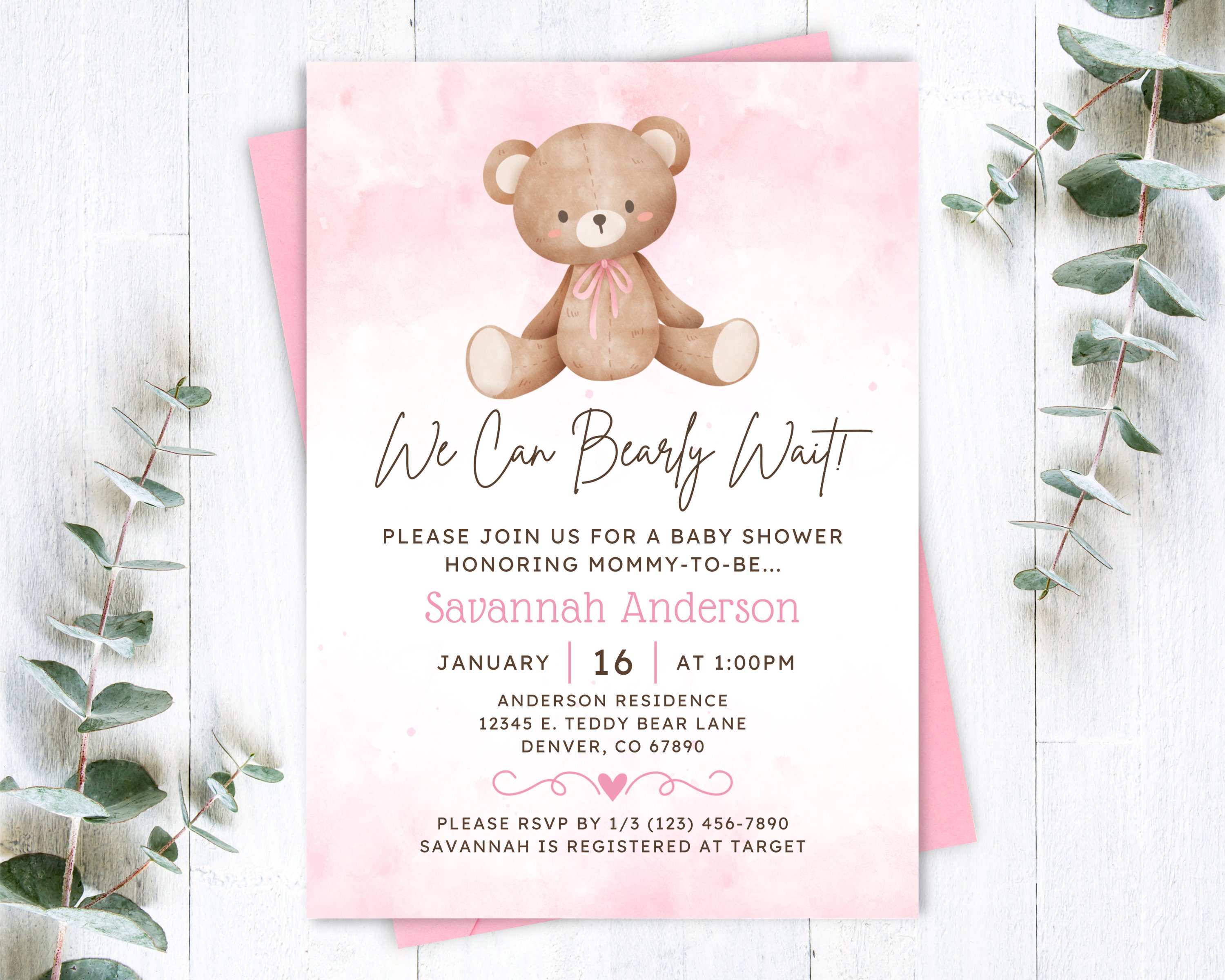 Teddy Bear Girl Baby Shower Invitation, Editable Pink Watercolor Baby ...