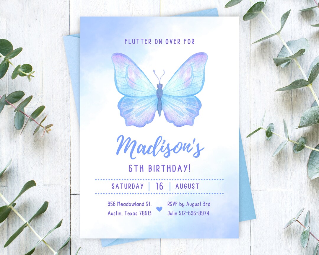 Butterfly Birthday Invitation Template, Editable Digital Printable ...