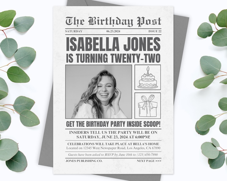 Newspaper Birthday Invitation, Editable Template, Girl Boy Adult Teen ...